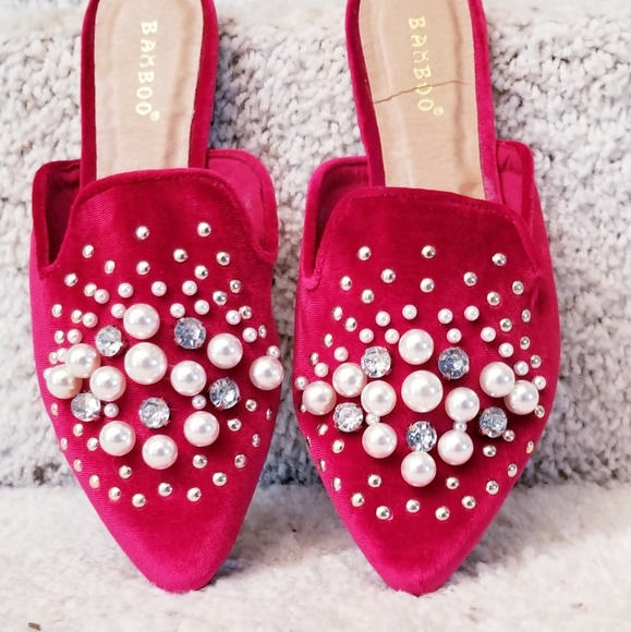 BAMBOO | Shoes | Velvet Pearls Rhinestone Slides | Poshmark